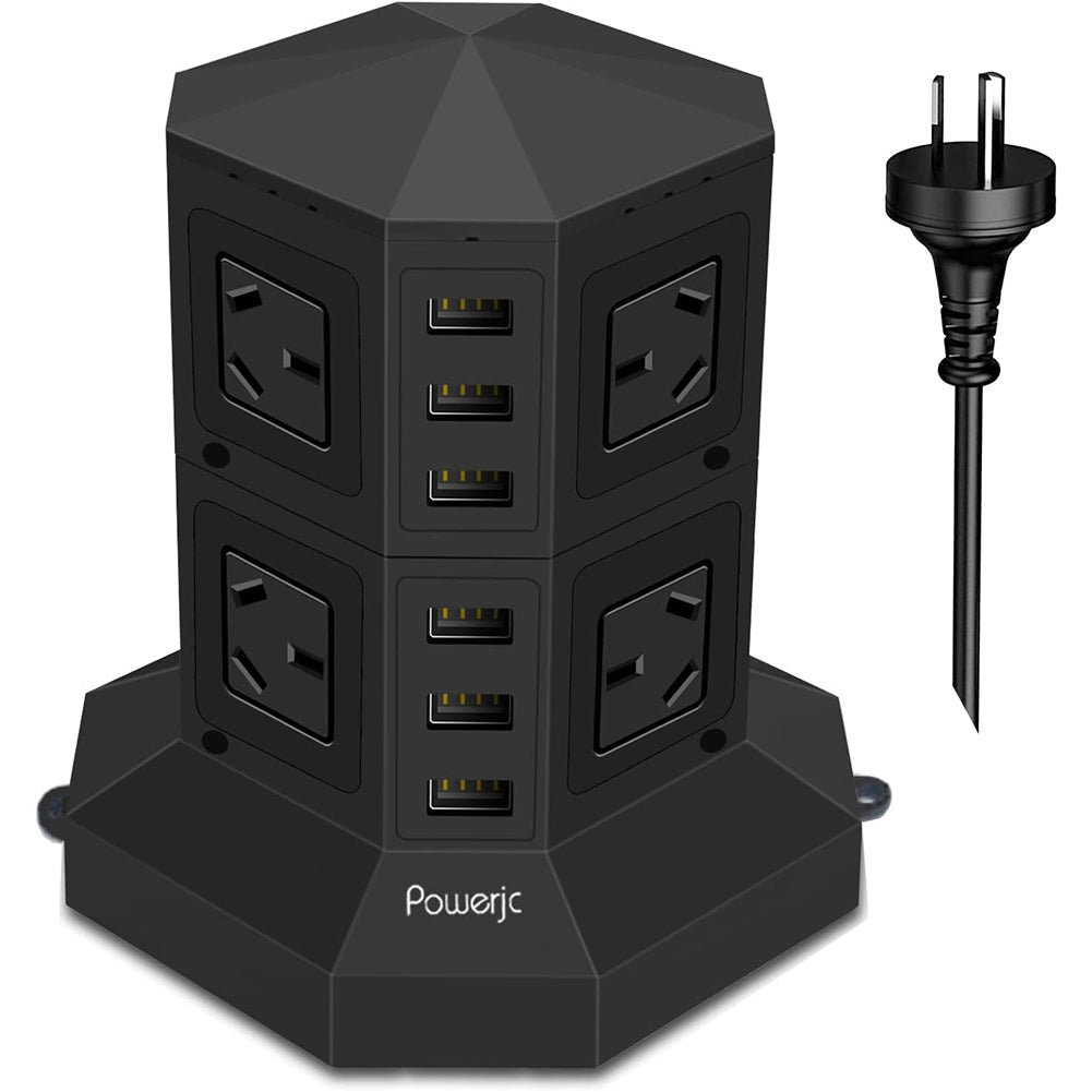 Power Hub 8AC/6USB 2m Extension Cord Surge Protector (Black) – Hypop